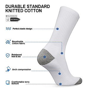 Closemate 6 Pairs Mens Cushion Crew Socks Moisture Wicking Athletic Cotton Socks for Sport Training Work(6White, Size L)