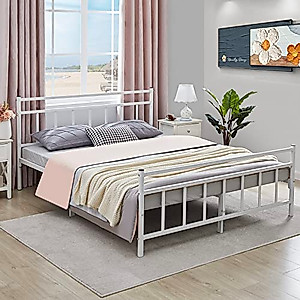 GreenForest Full Size Bed Frame with Headboard Metal Platform Bed Heavy Duty No-Noise Steel Slats Support Mattress Foundation, No Box Spring Needed, White