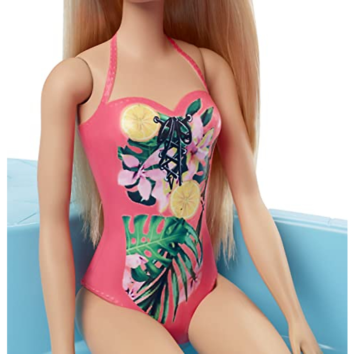 Barbie Doll and Pool Playset with Pink Slide, Beverage Accessories and Towel, Blonde Doll in Tropical Swimsuit