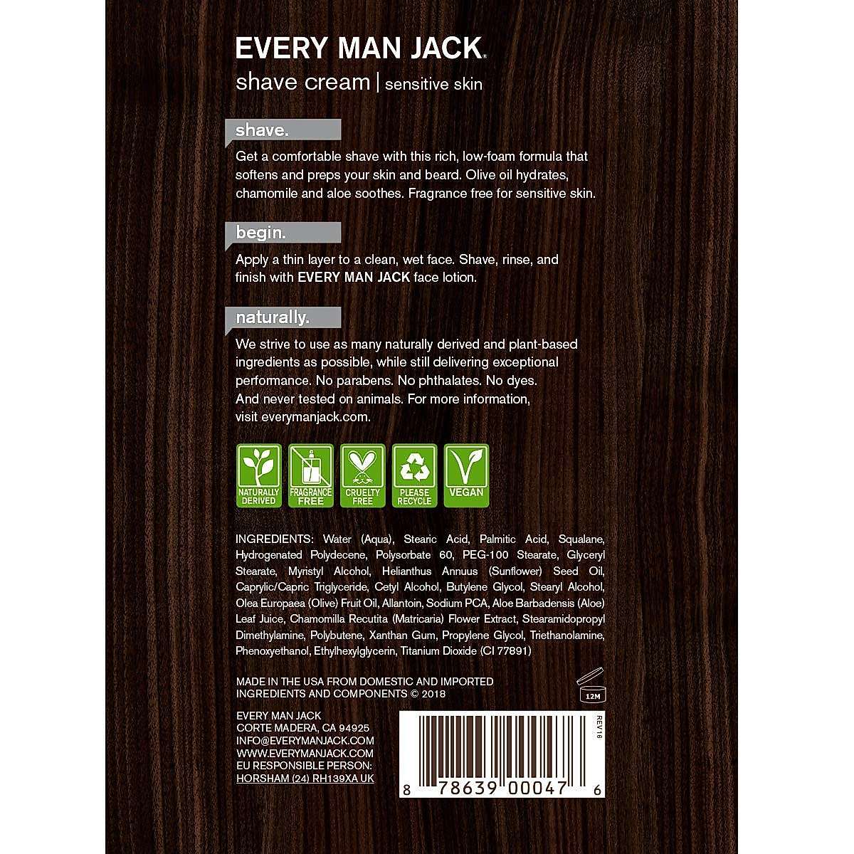 Every Man Jack Shave Cream Sensitive Skin Fragrance-free, 6.7 Oz