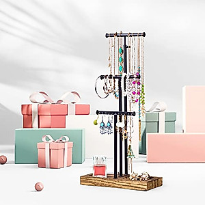 Love-KANKEI Jewelry Organizer Stand Metal & Wood Base and Large Storage Necklaces Bracelets Earrings Holder Organizer Black and Carbonized Black