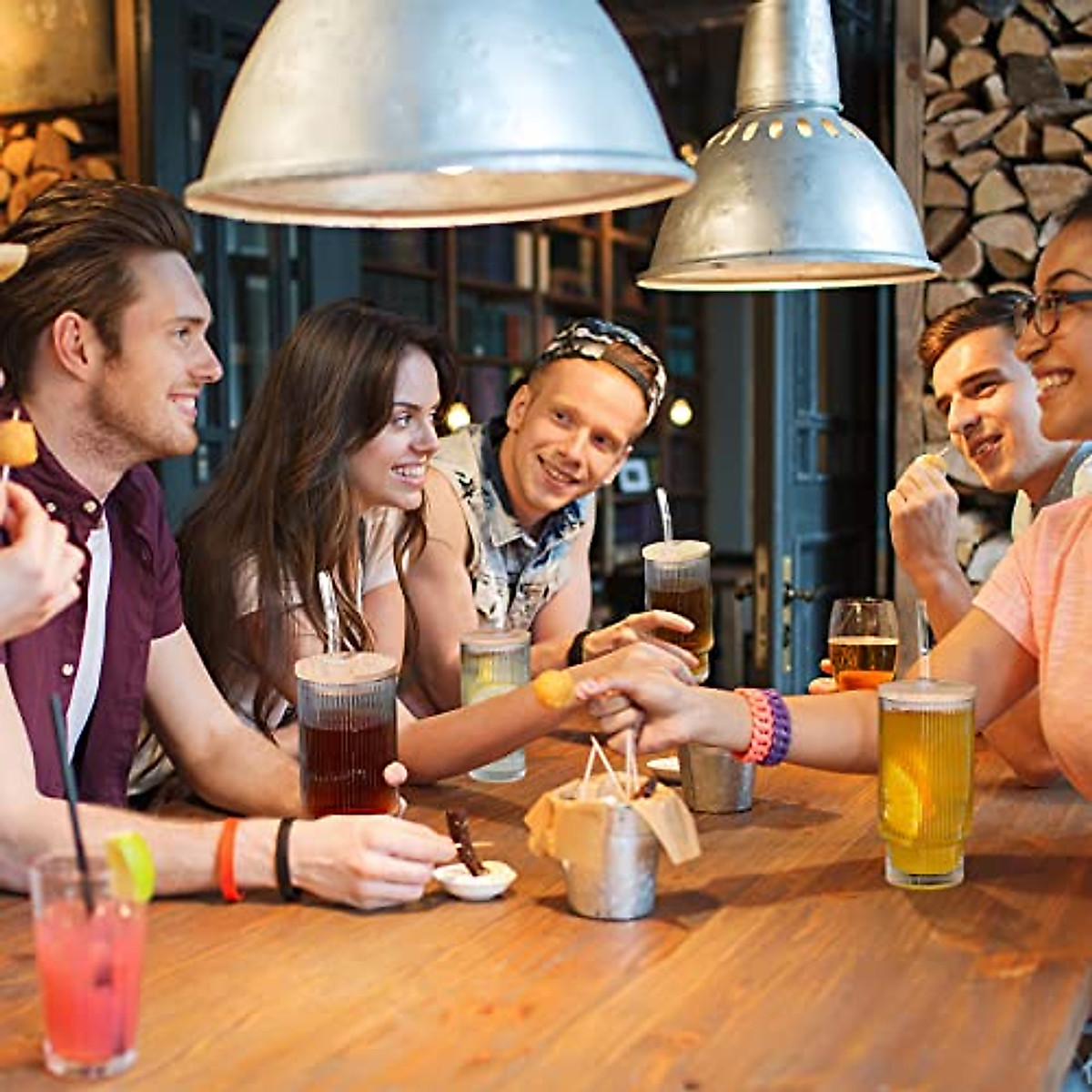 AKONEGE Ribbed Glassware Drinking Glasses with Lid and Straws, 12oz Ribbed Glass Cups Vintage Fluted Glassware Set of 4, Iced Coffee Cup, Coffee Bar Accessories for Whiskey Cocktail Beer Coffee Tea