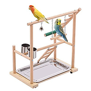 Bird Play Stand Parrots Playground Wooden Stick Perch，Bird Playpen Exercise Gym with Ladder Feeder Cup Bell Swing，Parrot Play Climb Gym for Parakeet Cockatiel Conure(Include a Tray)