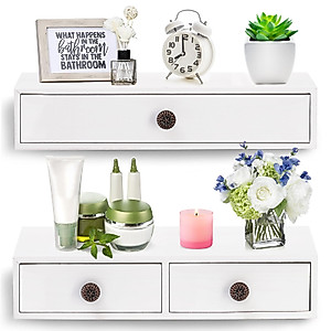 Yesland 2 Packs Floating Nightstand with Drawer - Rustic Wood Floating Wall Mounted Drawers Floating Shelf with Drawer for Living Room, Bedroom, Kitchen, Wall Decor, Storage, Display - White
