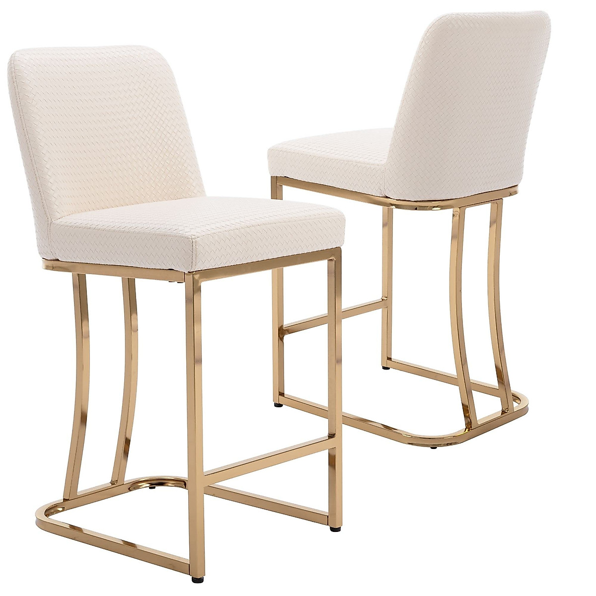 Wahson 24" H Gold Barstools Set of 2, Faux Leather Upholstered with Woven Counter Height Stools, Modern Fabric Bar Stools for Kitchen Island/Dining Room, with Golden Metal Frame, Beige