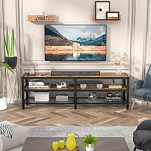 Unikito TV Stand for 65 70 inch TV, Two-color Industrial Entertainment Center TV Console, Long 63" TV Table with 3 Tiers Open Storage Shelves for Living Room Bedroom, Rustic Brown and Gray Oak