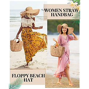 Loetere 5 Pcs Women Large Straw Beach Bag 5.5 Inch Big Bowknot Straw Beach Hat with Rattan Earrings Set Summer Handwoven Straw Tote Bag Wide Brim Floppy Sun Hat Foldable for Summer Vacation Travel