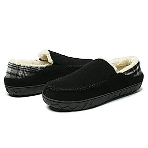 NewDenBer Men's Warm Memory Foam Moccasin Slippers Felted Wool Plush Shearling Lined Slip on Indoor Outdoor House Shoes (17 D(M) US, Black)