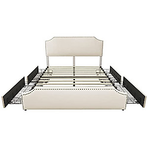 AMERLIFE Queen Size Bed Frame with 4 Storage Drawers and Headboard, Queen Velvet Upholstered Platform Bed with Rivet Curved Adjustable Headboard/Strong Wooden Slats/Easy Assembly/Cream