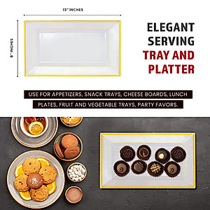 Yumchikel- Serving Tray Plastic for Party, 14" x 7.5" Platters for Serving Food (Clear Gold Rim)