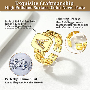 Bestyle Gold Cuban Chain Initial Ring Adjustable Fashion Signet Rings for Women Alphabet Letter E Resizable Knuckle Open Ring, Stackable Rings Fit #6-#12