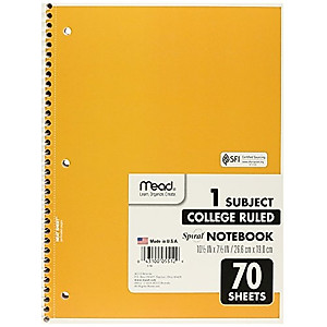 Mead Spiral Notebook, College Ruled, 1 Subject, 70 Sheets, 7.5" x 10.5", 12 Pack, Assorted Colors (05512-12)