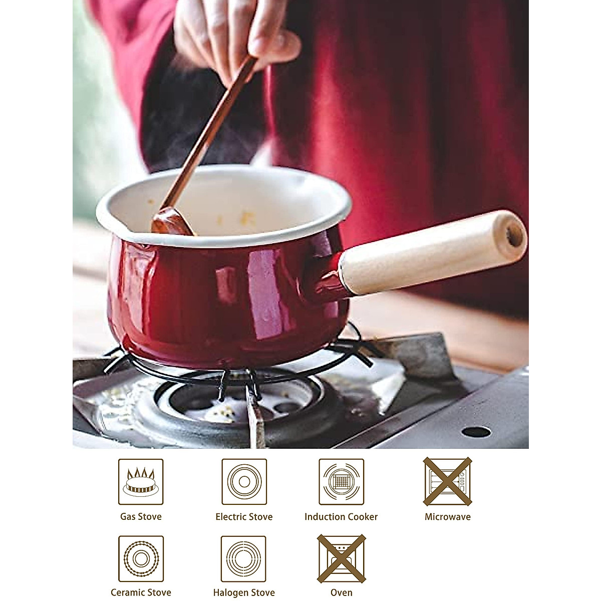 YumCute Home Enamel Milk Pan with Dual Pour Spout Butter Warmer Milk Pot for Stove Top Healthy White Enameled Inside Coating Iron 1QT Small Soup Pot with Wooden Handle Handy Pot (Red)