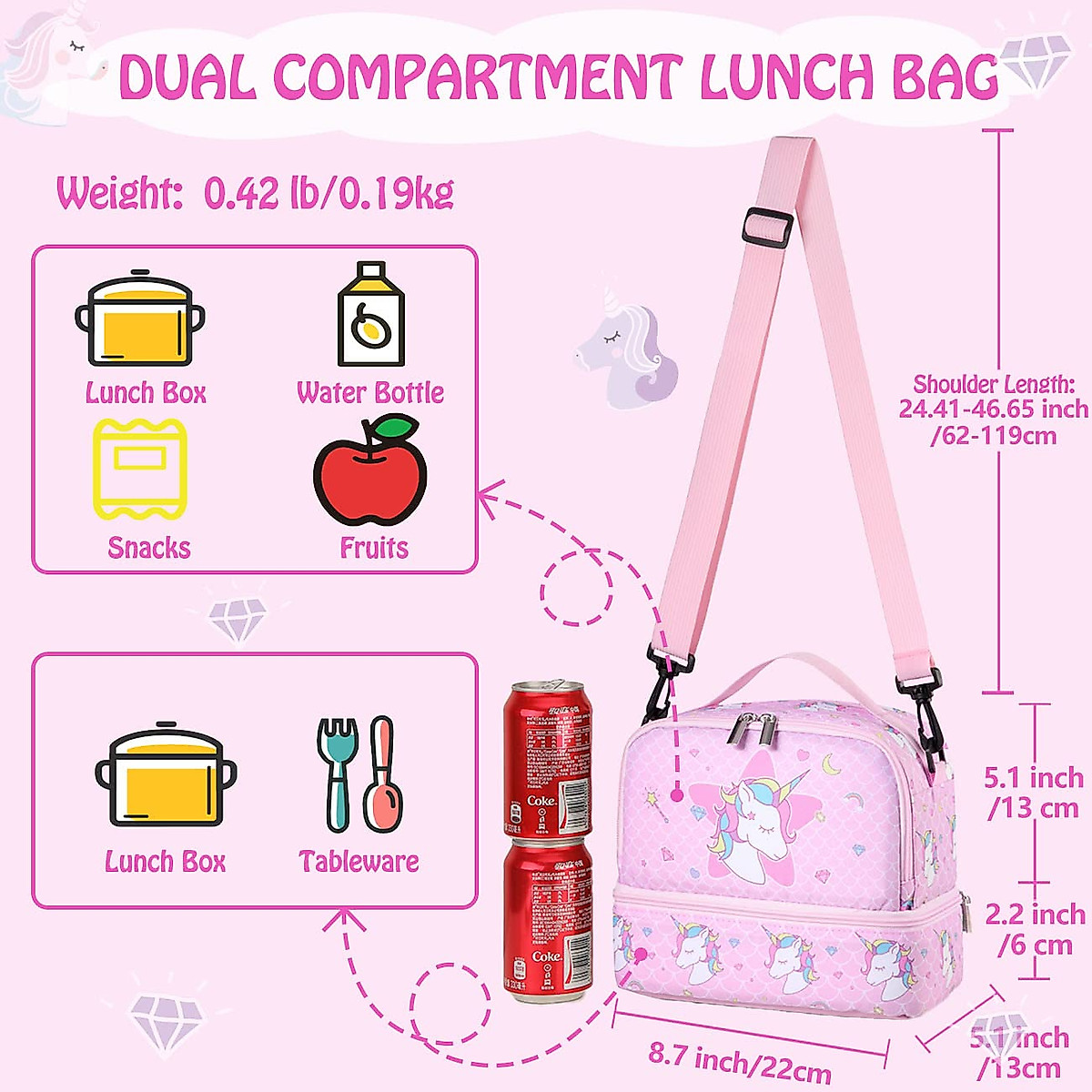 Lunch Bag for Kids, Insulated Lunch Box Cute Thermal Lunch Tote Bag with Dual Compartment and Removable Shoulder Strap, VONXURY (Pink Unicorn 2)