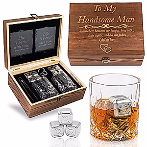 GreenCor Mens Anniversary for Him | Boyfriend | Fiance - Engraved Whiskey Glass Set ' To My Handsome Man ' Gifts for Birthday | Anniversary | Wedding