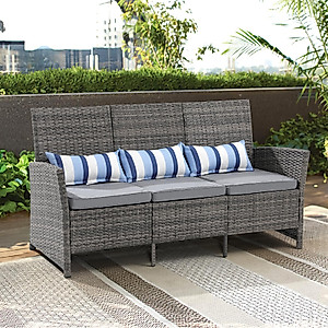 SUNSITT Outdoor Furniture 3 Seats Patio Couch, Outdoor Wicker Sofa, Grey PE Wicker with Grey Cushions & Lumbar Pillows, Porch, Backyard, Pool, Steel Frame