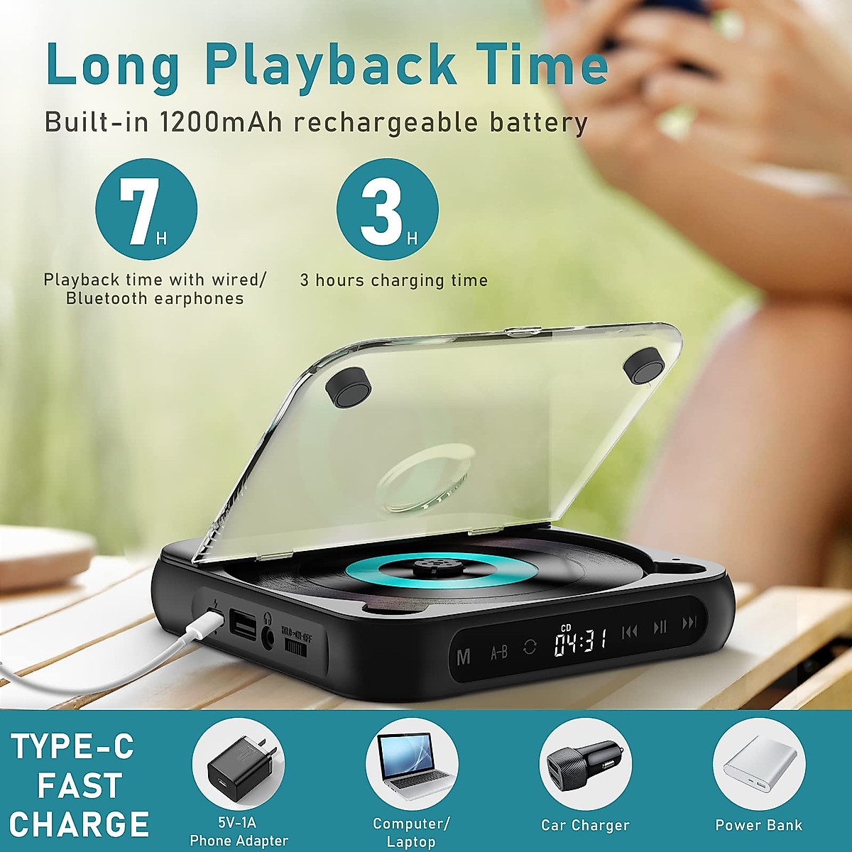 ZYOKATA Portable CD Player Personal CD Players with Bluetooth for Car, Rechargeable Small CD Player with Headphones, LCD Touch Screen & Anti-Skip/Shockproof