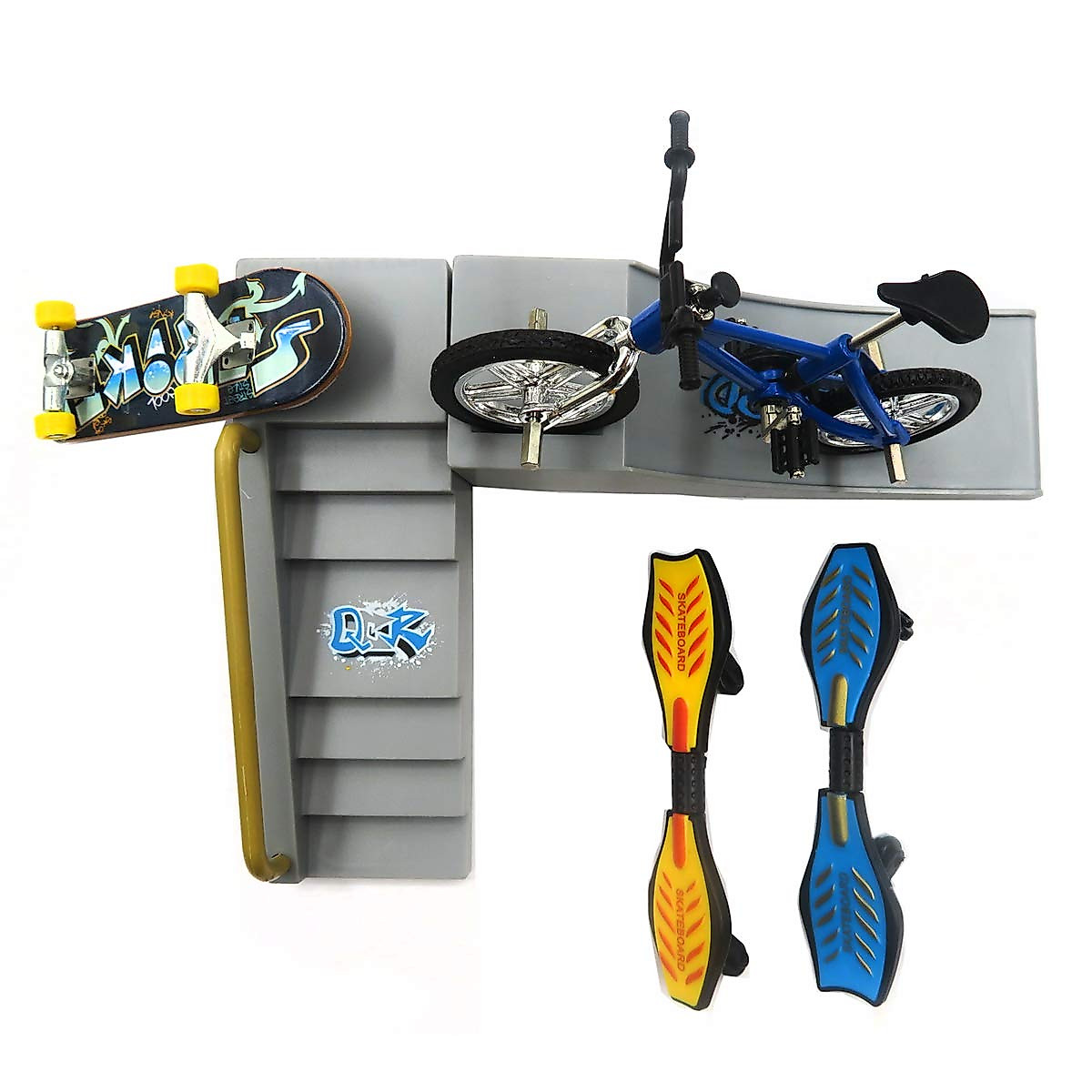 QKILL 17 in 1 Fingerboard Ramps Set Finger Toys with Ramp/Mini Finger Skateboards Finger Mini Bikes/Swing Board with Replacement Wheels and Tools (Gray Ramp Kit)