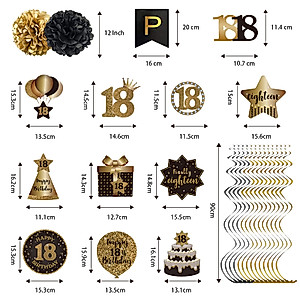 BRT Bearingshui Happy 18th Birthday Hanging Swirls Streamers Decoration, Happy Birthday Banner with Tissue Pompoms, Black and Gold 18 Years Old Birthday Party Hanging Backdrop Decorations