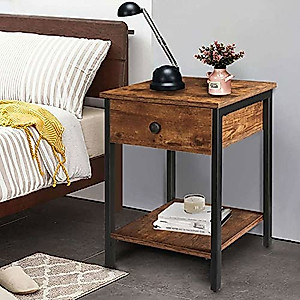 HIGOH Bedside Table 2 Tier Wooden Nightstands Tables with Drawer Rustic Bedroom Bed Side Table with Metal Frame for Bedroom Living