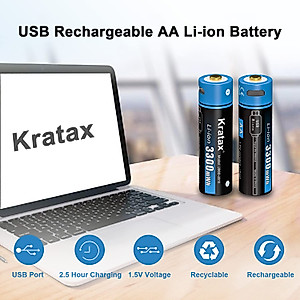 Kratax Rechargeable AA Batteries USB, 3300mWh Lithium USB Double A Batteries, 1.5V Constant Outpout, 4-in-1 USB Charging Cable, LED Charge Indicator, Over 1100 Cycles for Toys, Xbox Controller-4 Pack