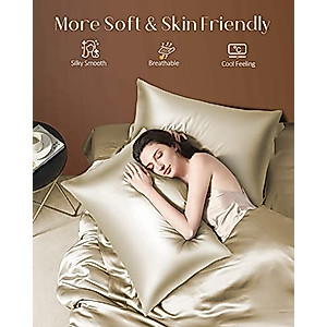 100% Mulberry Silk Pillowcase for Hair and Skin 22 Momme 6A Silk Pillow Case Zippered Soft Smooth Cooling -Standard Size 20"X 26"-with Eye Mask and Laundry Bag, Luxury Gift Set(Beige 1pc)