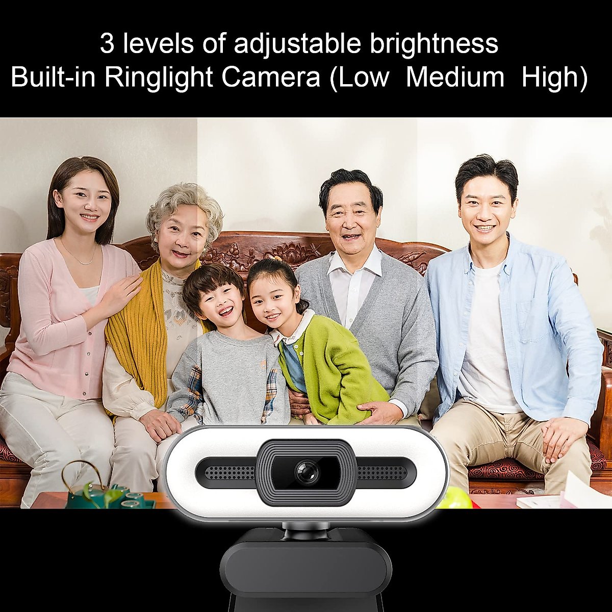 Goaic 1080p HD Webcam with Adjustable Ring Light Wide Angle Camera USB 2.0 Plug and Play Computer Web Camera, for Video Streaming, Conference, Game,Study