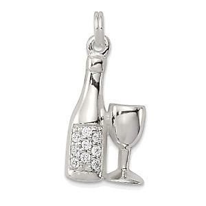 Bonyak Jewelry Solid Sterling Silver CZ Wine/Champagne Bottle/Glass Charm Pendant