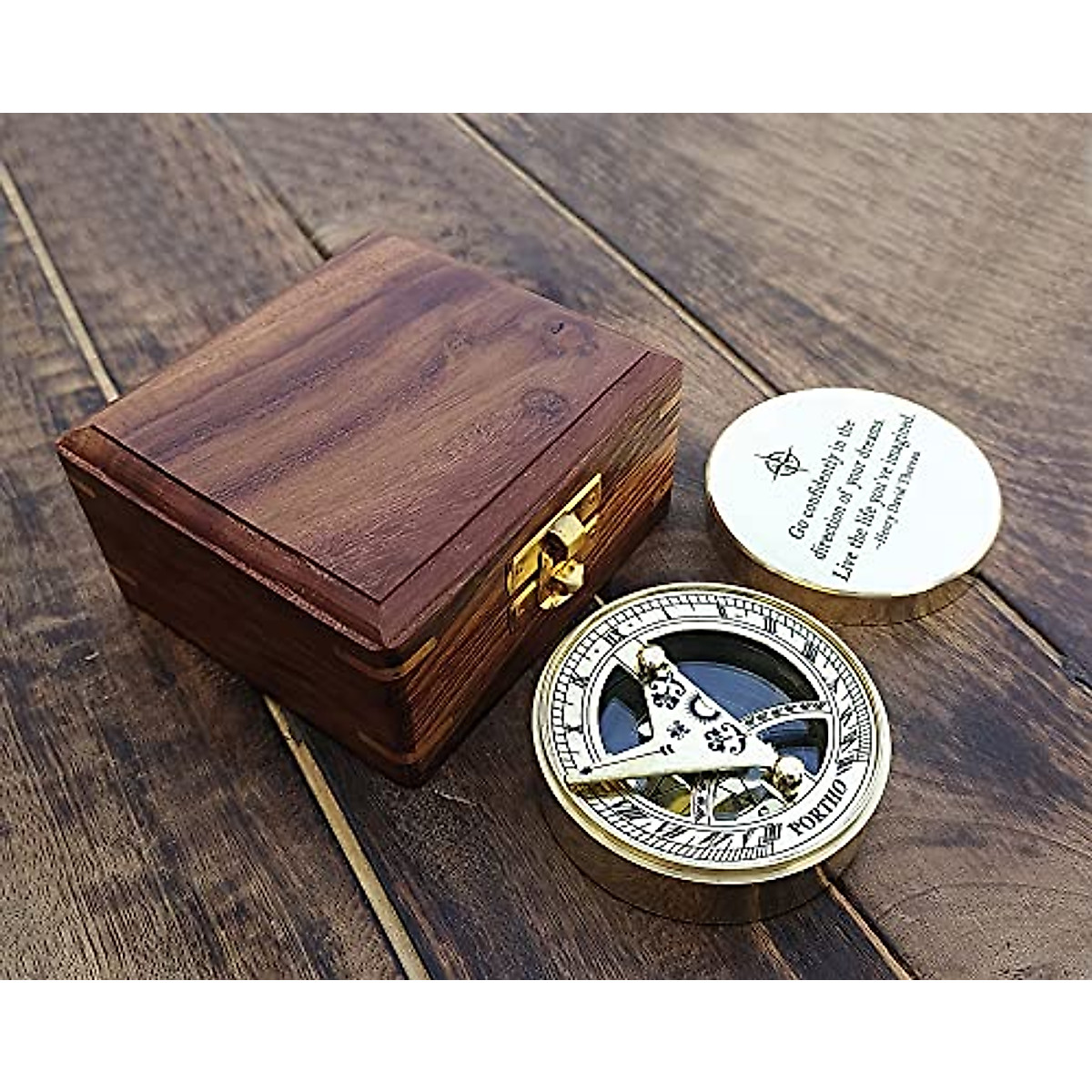 PORTHO Thoreau's Go Confidently graduation Compass with Wooden box, Inspirational graduation gifts, confirmation gifts, first communication gifts, unique gift ideas