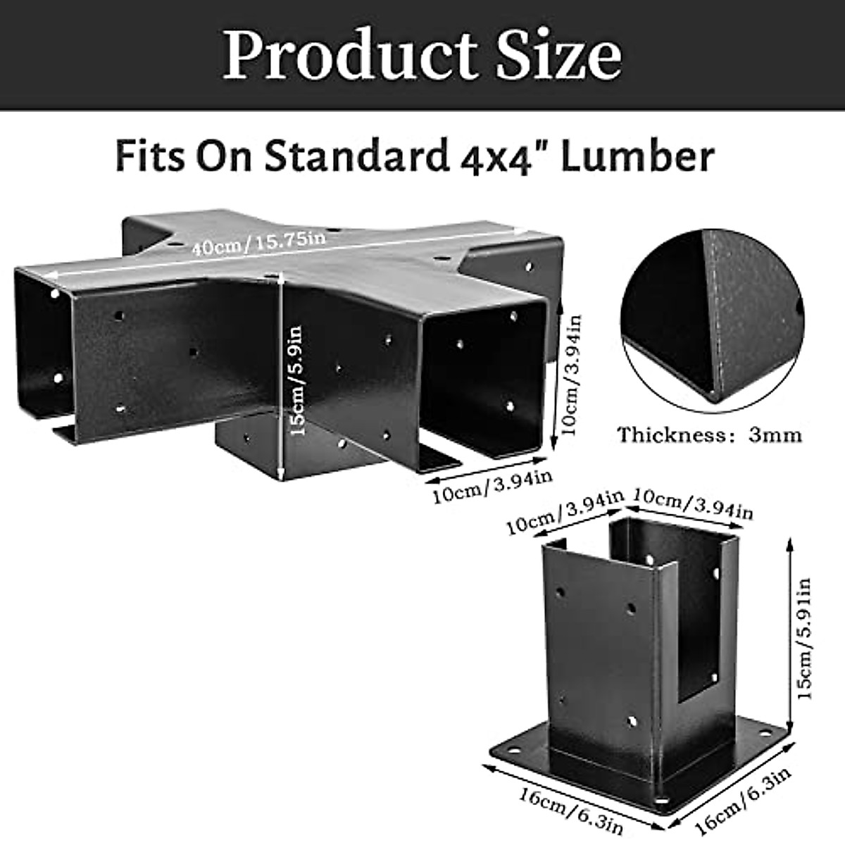 5-Way Woodwork DIY Pergola Brackets Kit, Elevated Wood Stand Kit with Powder-Coated Steel, Including 5-Way Corner Bracket & Post Anchor Base | Modular Pergola/Gazebo Kit for 4x4 Wood Post Glossy Black