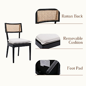 Guyou Black Rattan Dining Chairs Set of 4, Linen Upholstered Farmhouse Dining Chairs with Cane Back, Wood Kitchen Dining Chairs with Removable Cushion, Armless Cane Dining Chair for Dinner Living Room