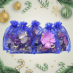 SUNGULF 100Pcs Sheer Organza Drawstring Pouches Stars and Moon Wedding Gift Bags Blue Color 4x5 Inches