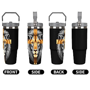 Lion Head with Cross 30 OZ Insulated Tumblers with Handle And Straw Leakproof Vacuum Insulated Stainless Steel Water Bottle for Car Fishing Travel