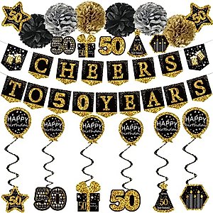 50th birthday decorations for men - (21pack) cheers to 50 years black gold glitter banner for women, 6 paper Poms, 6 Hanging Swirl, 7 decorations stickers. 50 Years Old Party Supplies gifts for men