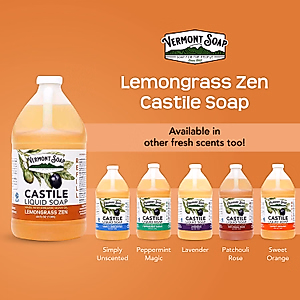 Vermont Castile Lemongrass Zen Soap, Gentle Liquid Soap for Sensitive Skin & Natural Body Wash, Organic Hair Shampoo for Oily Hair, Aloe Castile Soap for Men & Women - 64 Oz