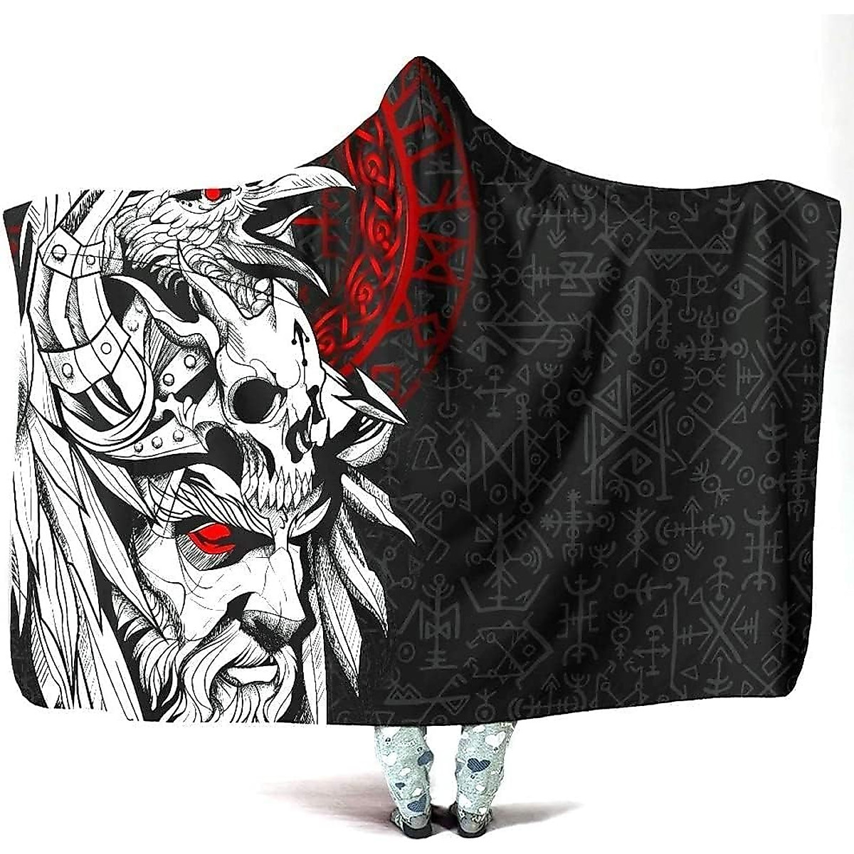 BURNAR Medieval 3D Printing Hooded Blanket Warm Soft Valhalla Skull Crow Totem Unisex Winter Wearable Hooded Blanket Double Thick Plush Wool Blanket Cape (Color : Blanket, Size : 80x60in/150x200cm)