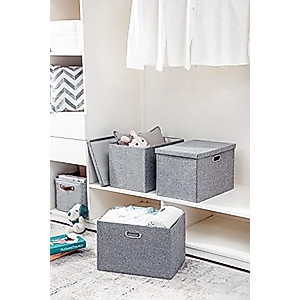 AlphaHome Large Storage Bins with Lids [3 Pack], Foldable Linen Fabric Large Storage Baskets for Organising Clothes and Toys(Glaucous Grey, Large - 15.4 x 10.6 x 9.8)