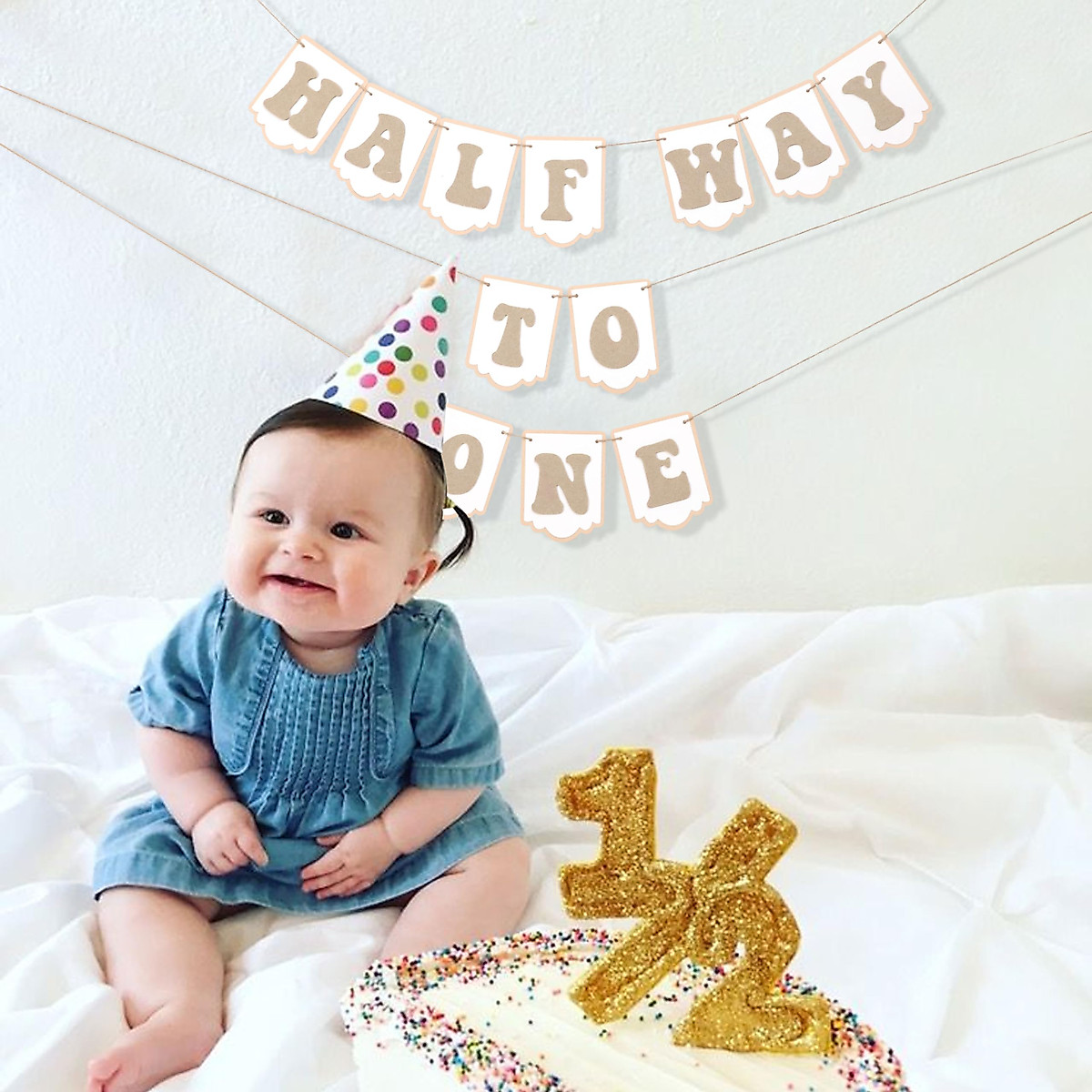 Half Way To One Banner for Baby - Baby 1/2 Birthday Party Decorations,Half Birthday Banner For Boys Girls,Neutral Rustic Baby Shower Party Decor,Six Months Baby Happy Birthday Banner Photo Props (HALF