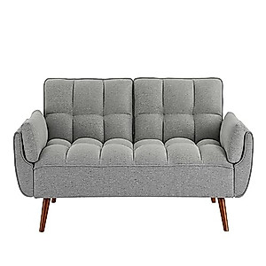 Sofa Bed with Wood Base, Modern Convertible Futon Sleeper Couch Daybed with Adjustable Backrest for Studio, Apartment, Office, Small Space, Compact Living Room Recliners (Grey)