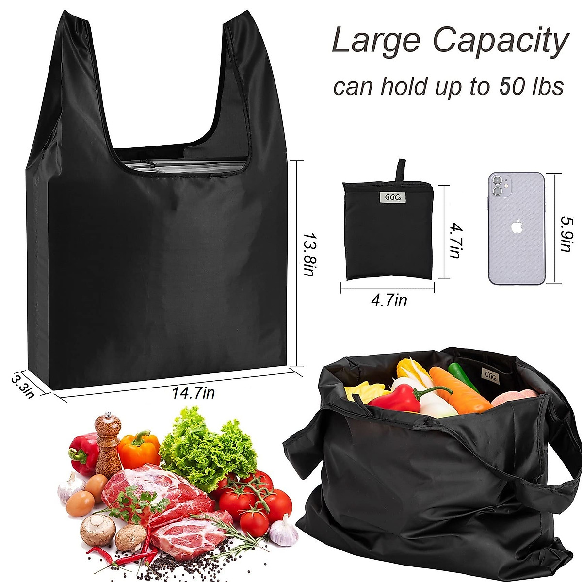 CiCiGo Large Reusable Bags Shopping Washable Foldable 6 Pack Grocery Bags Heavy Duty Lightweight Folding Gift Tote Bags Durable Polyester Black