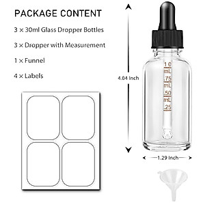 Bumobum Dropper Bottle 1 oz, Clear Glass Eye Dropper Bottles for Essential Oils with Labels and Funnel, 3 pack Tincture Bottle 30 ml with Measured Dropper