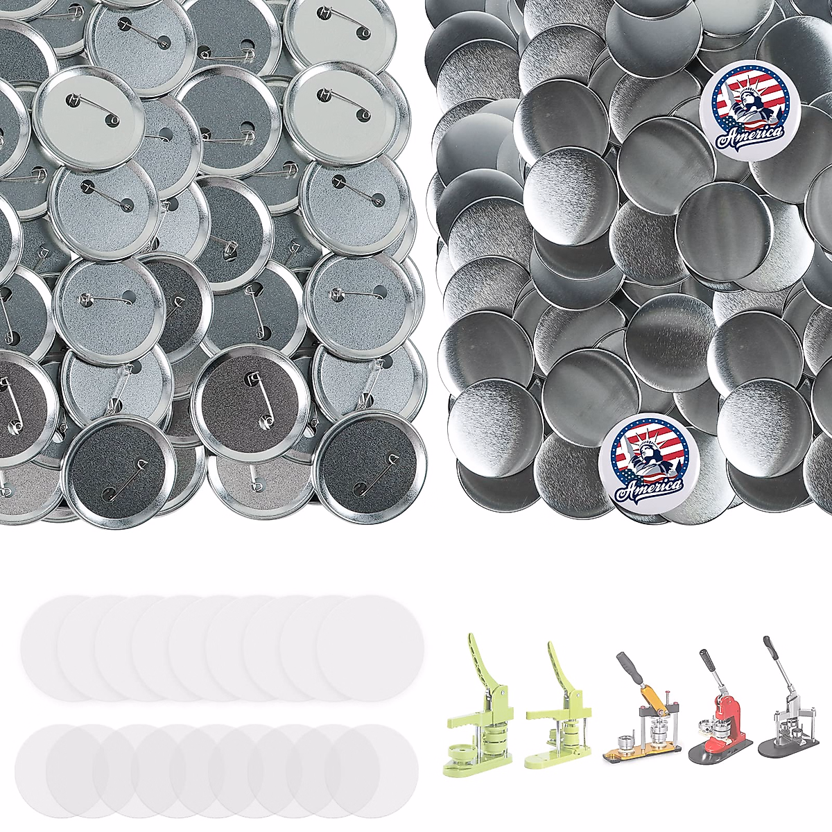 200 Sets Button Maker Supplies, 58mm / 2.28 inch Button Supplies Button Parts, (Approx. 2.25 inch) Metal Blank Button Badge Parts with Blank Paper for Button Maker Machine Pin Maker Badge Button Press