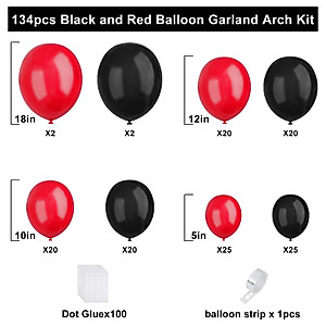 Red Black Balloons Garland Arch Kit, 134pcs Black and Red Party Balloons with Different Size for Graduation, Birthday, Anniversary, BBQ Casino, New Year Party Decorations Supplies