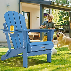 MUCHENGHY Folding Adirondack Chairs, Patio Chairs, Lawn Chairs, Outdoor Chairs, Adirondack Chair Plastic, Fire Pit Chairs, Weather Resistant with Cup Holder for Deck, Backyard, Garden(Navy Blue)