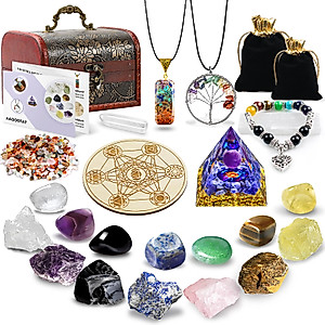 Crystals and Healing Stones 26Pcs Healing Crystal Set for Meditation Include 7 Raw Crystals, 7 Tumbled Stones, Pyramid&Pendulum Board, Chakra Tree of Life, Necklace&Bracelet, Wooden Gift Box.