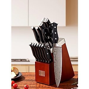 Knife Block Set, FOHERE 14 Pieces Razor-Sharp Self Sharpening Knife Set, High Carbon Stainless Steel Waved Pattern Knife Set with Block, Rust & Stain Resistant Kitchen Knives and Triple Riveted Handle