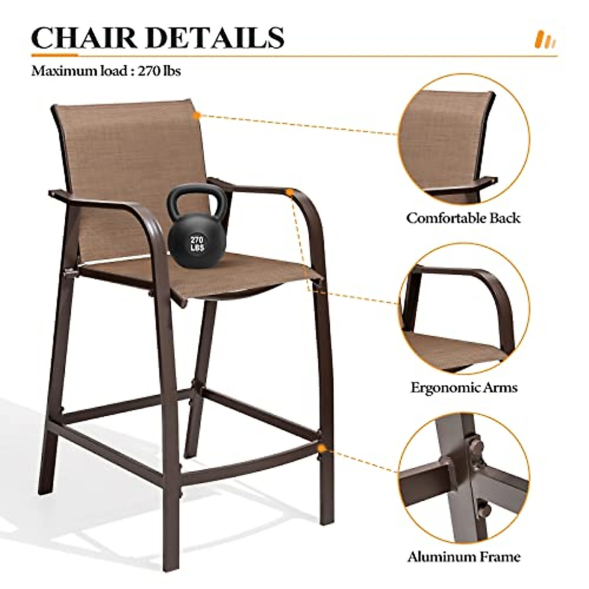 Crestlive Products Counter Height Bar Stools Aluminum Patio Furniture with Heavy Duty All Weather Frame in Antique Brown Finish for Outdoor Indoor, 2 PCS Set, 27.5'' Seat Height (Brown)