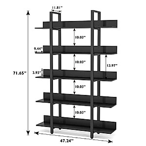 Tribesigns 5 Tiers Bookcase, 5-Shelf Industrial Style Etagere Bookcases and Book Shelves, Metal and Wood Free Vintage Bookshelf with Back Fence, Black