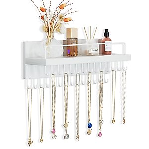 Lolalet Necklace Holder Hanging Necklace Organizer Wall Mounted Jewelry Organizer with 30 Hooks and Perfume Shelf, Wood Necklace Hanger Rack for Bracelets -White