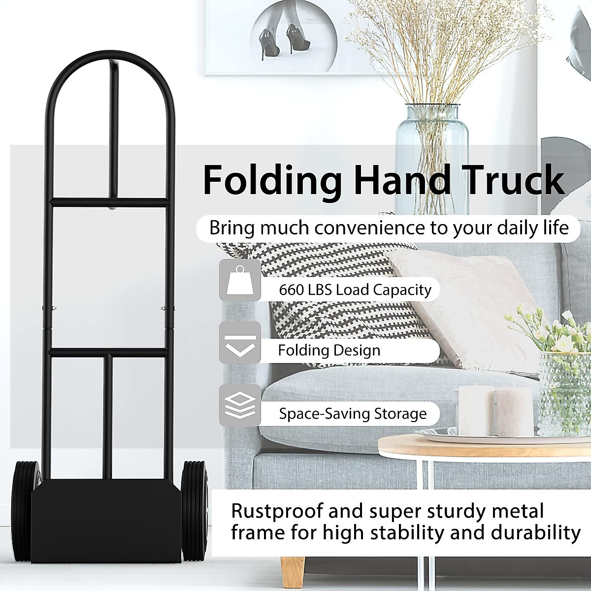 Nightcore Hand Truck 660 LBS Capacity, Heavy-Duty Dolly Cart w/P-Handle, All-Terrain Double Bearing Wheels, Foldable & Space-Saving Hand Cart for Home, Warehouse, Garage, Backyard (Black)